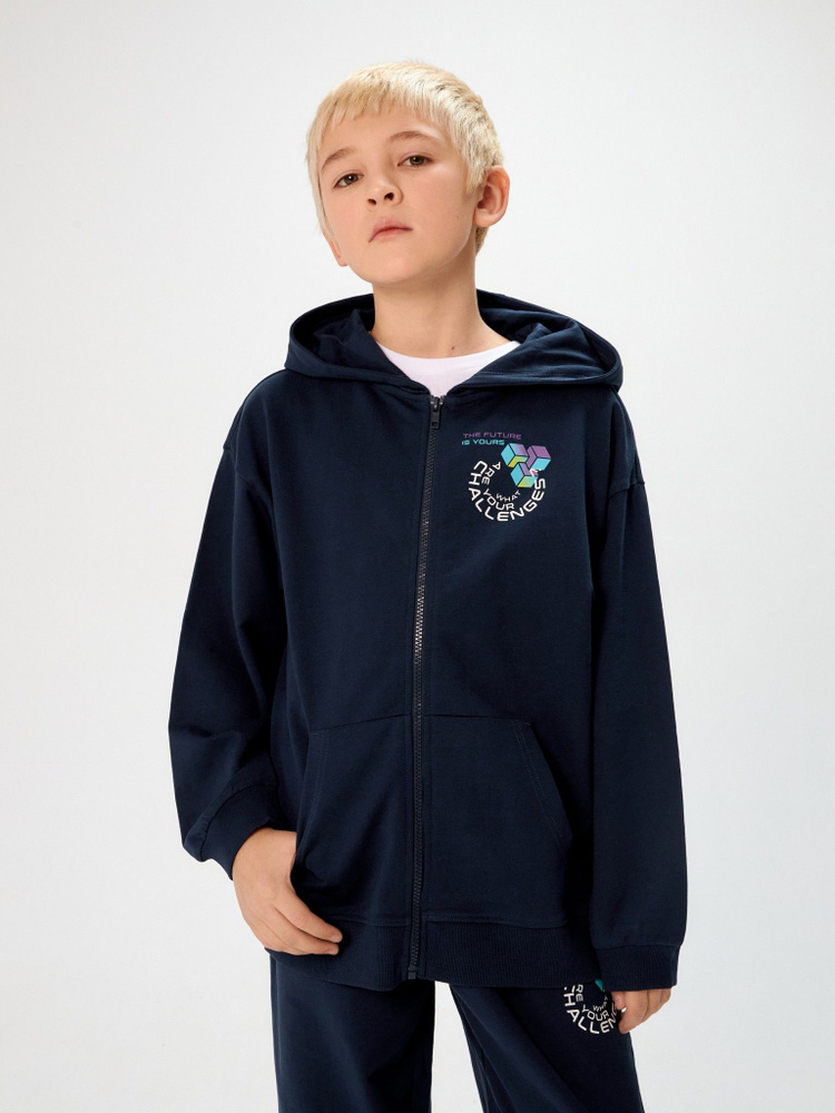 Толстовка Мальчики Acoola Карманы, Капюшон темно-синий Молния Трикотаж, Хлопок, размер 158 ...