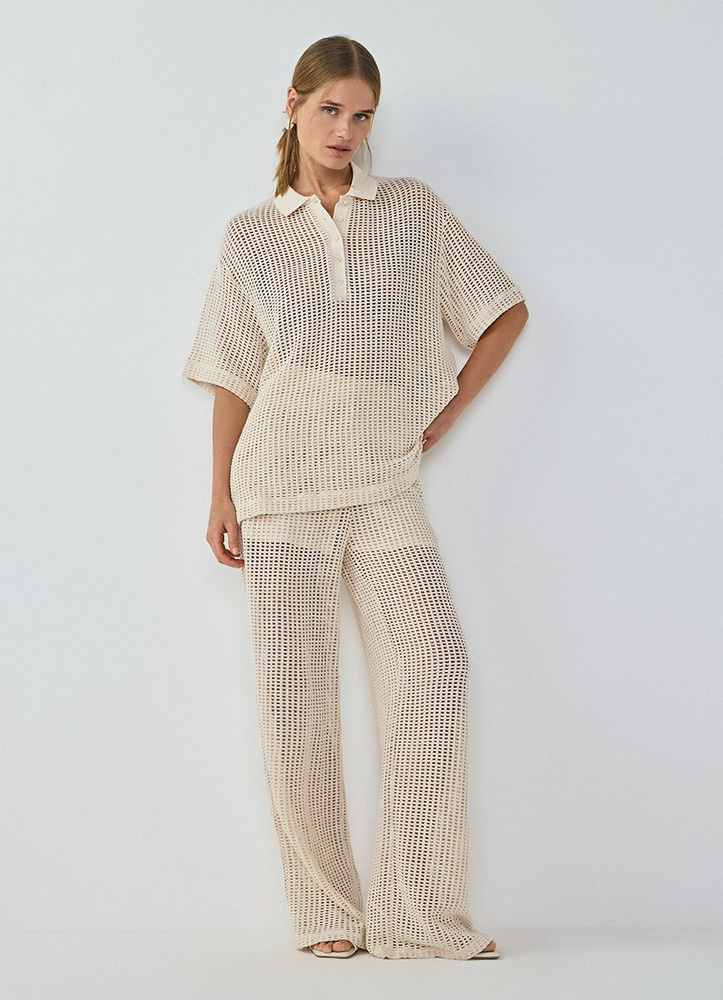 Брюки Женский O'STIN широкие слоновая кость Трикотаж Повседневный, размер 46 Без застежки ...