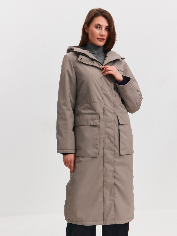 Пальто утепленное Женский Avese коричневый капюшон Мембранные материалы, размер 52 Длинный ...