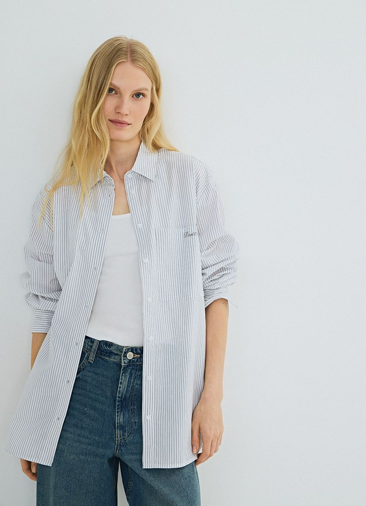 Рубашка Женский O'STIN светло-серый Длинный Текстиль Полоска, размер 42 полуприлегающий Пуговицы ...