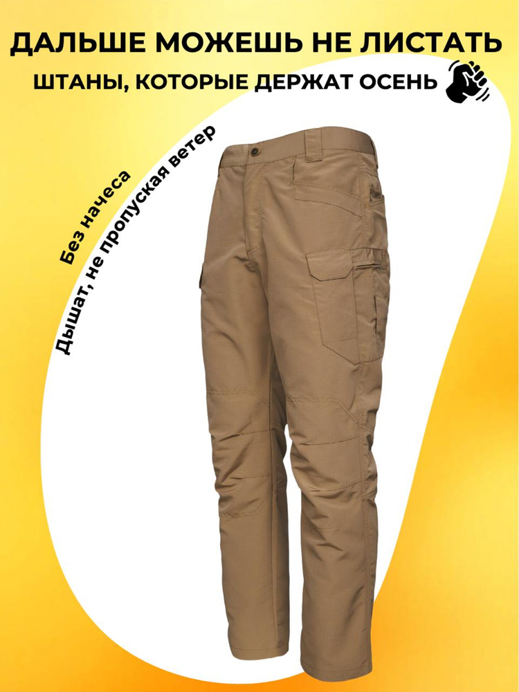 Брюки Мужской ZASLON карго бежевый Рипстоп Повседневный, размер 48 Пуговицы, Молния прямой ...