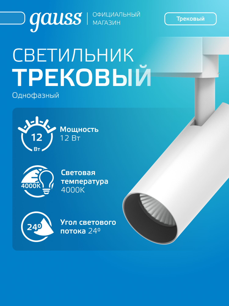 Светильник трековый 12W 4000K 220V цилиндр белый отражатель 24 град ...