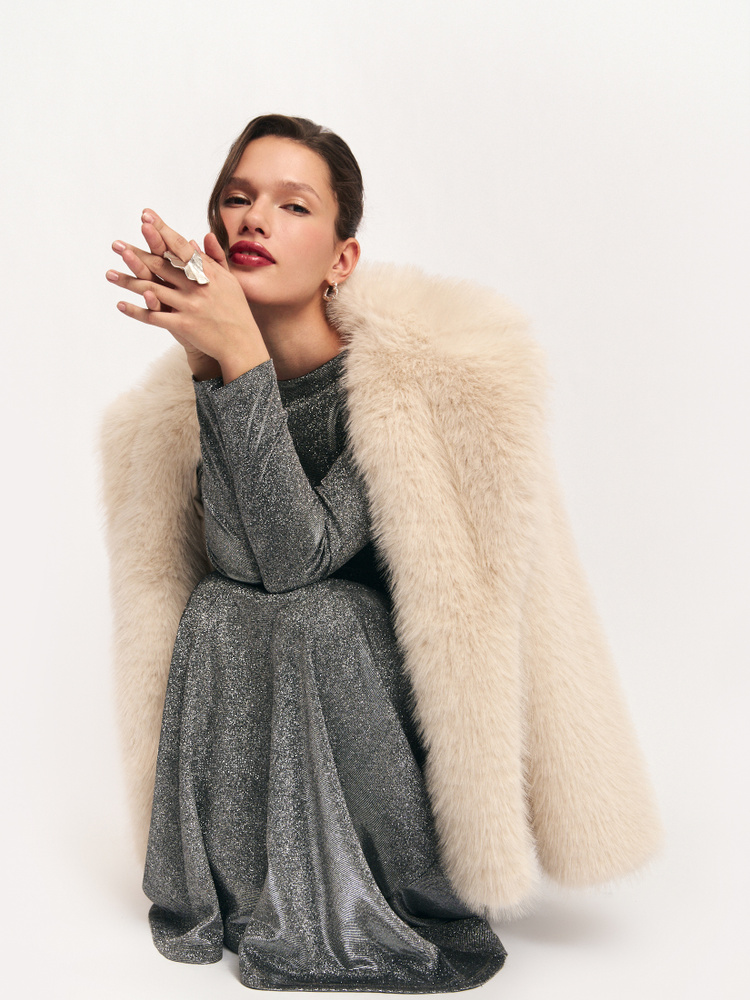 Дубленка искусственная Женский Zolla слоновая кость Полиэстер, размер 44 Длинный Зима Китай ...