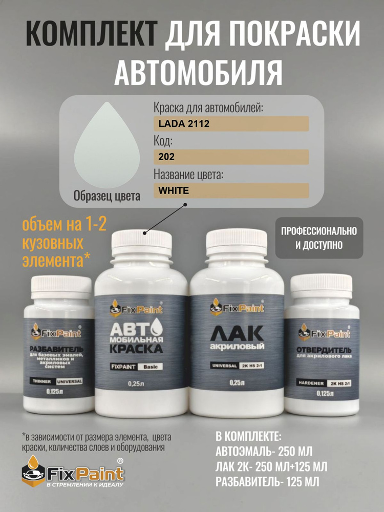 Комплект для покраски LADA 2112, код 202, WHITE, базовая автомобильная эмаль 250 мл, лак 2K 250 ...