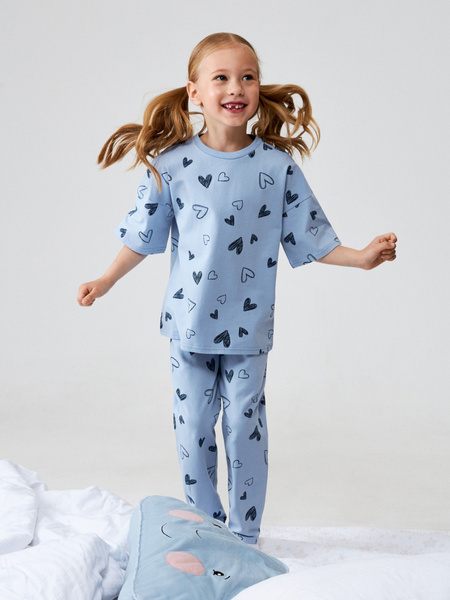 Пижама Девочки Acoola Трикотаж, размер 134, 140 Сердца голубой, темно-синий Короткий Китай Без ...