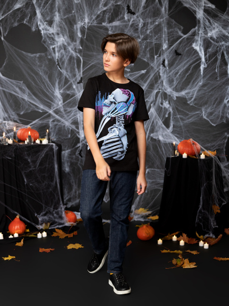 Футболка Мальчики KyKy wear черный Короткий, размер 134, 140 Хлопок Черепа прямой Повседневный ...