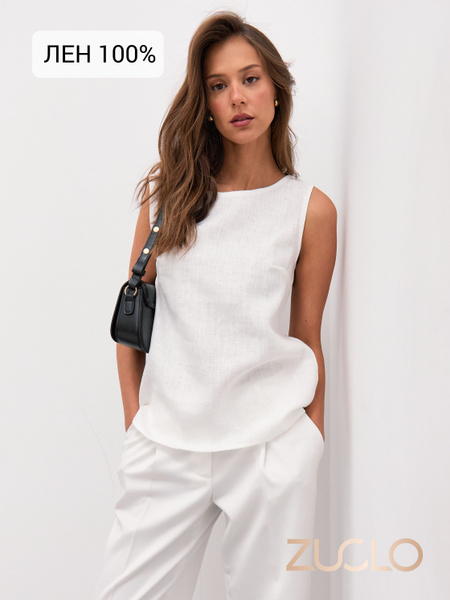 Топ Женский ZUCLO белый матовый, размер 48 Лён Без рукавов Офисный ...