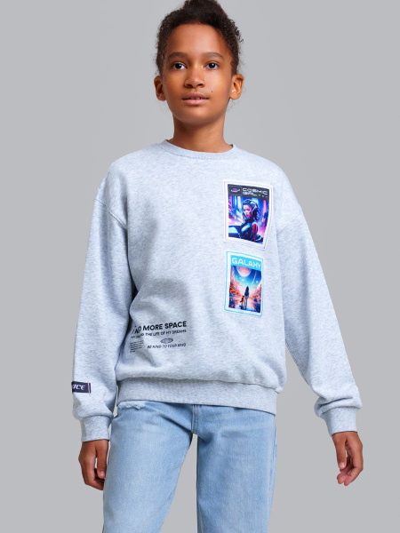 Свитшот Девочки PlayToday светло-серый Без застежки Трикотаж, размер 134 Длинный Надписи Китай ...