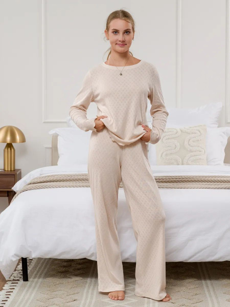 Пижама Женский NATIVIA Хлопок, Рибана, размер 52 бежевый Длинный Россия Без застежки Средняя ...