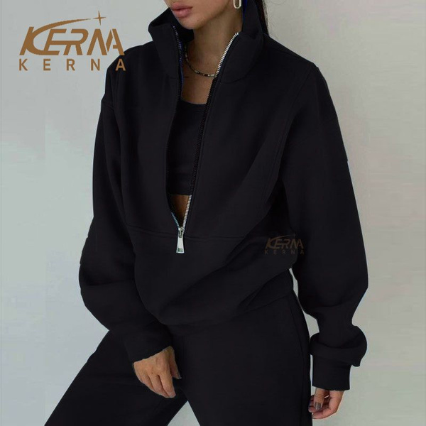 Костюм спортивный Женский KERNA Домашний черный, размер 46 Трикотаж, Футер Однотонный, Горох ...