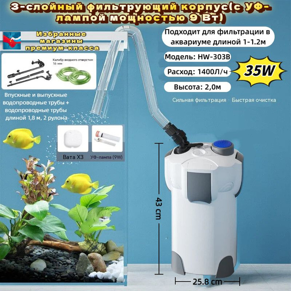 Внешний аквариумный фильтр SUNSUN HW-303B, 35 Вт, 1400 л/ч, полный ...