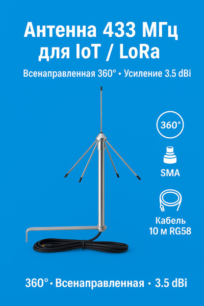 Антенна LoRa 433 МГц GP всенаправленная Ground Plane с кабелем 10м RG58 ...