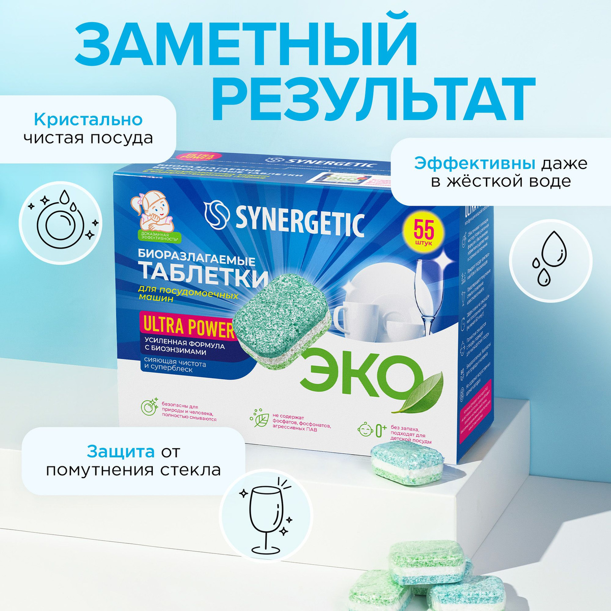 Таблетки для посудомоечной машины SYNERGETIC Ultra Power 55 шт, усиленная формула, в ...