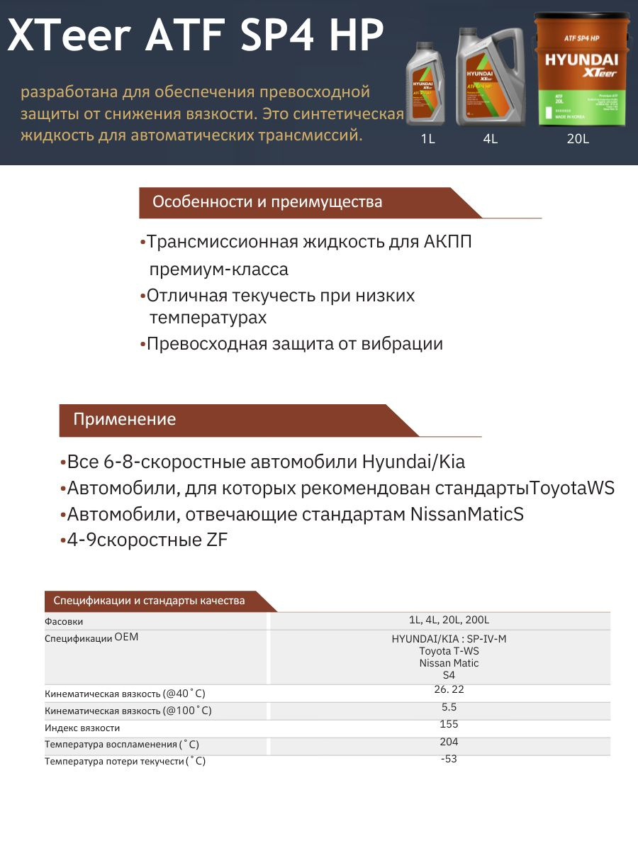 Hyundai XTeer ATF SP4 HP 200л (бочка) масло трансмиссионное купить на OZON по низкой цене ...