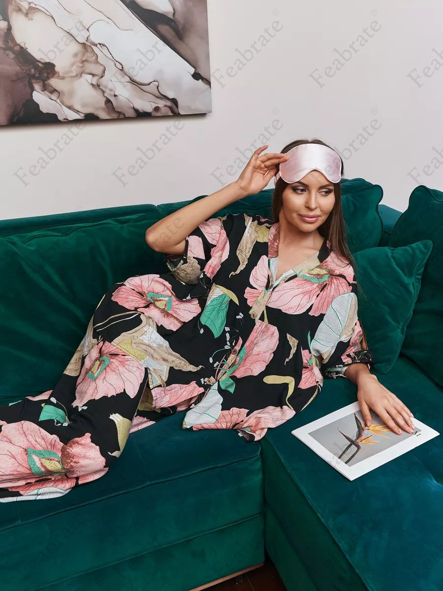 Пижама Женский Feabrate с брюками, размер 48, 50 Анималистический жимолость Длинный Китай Без ...