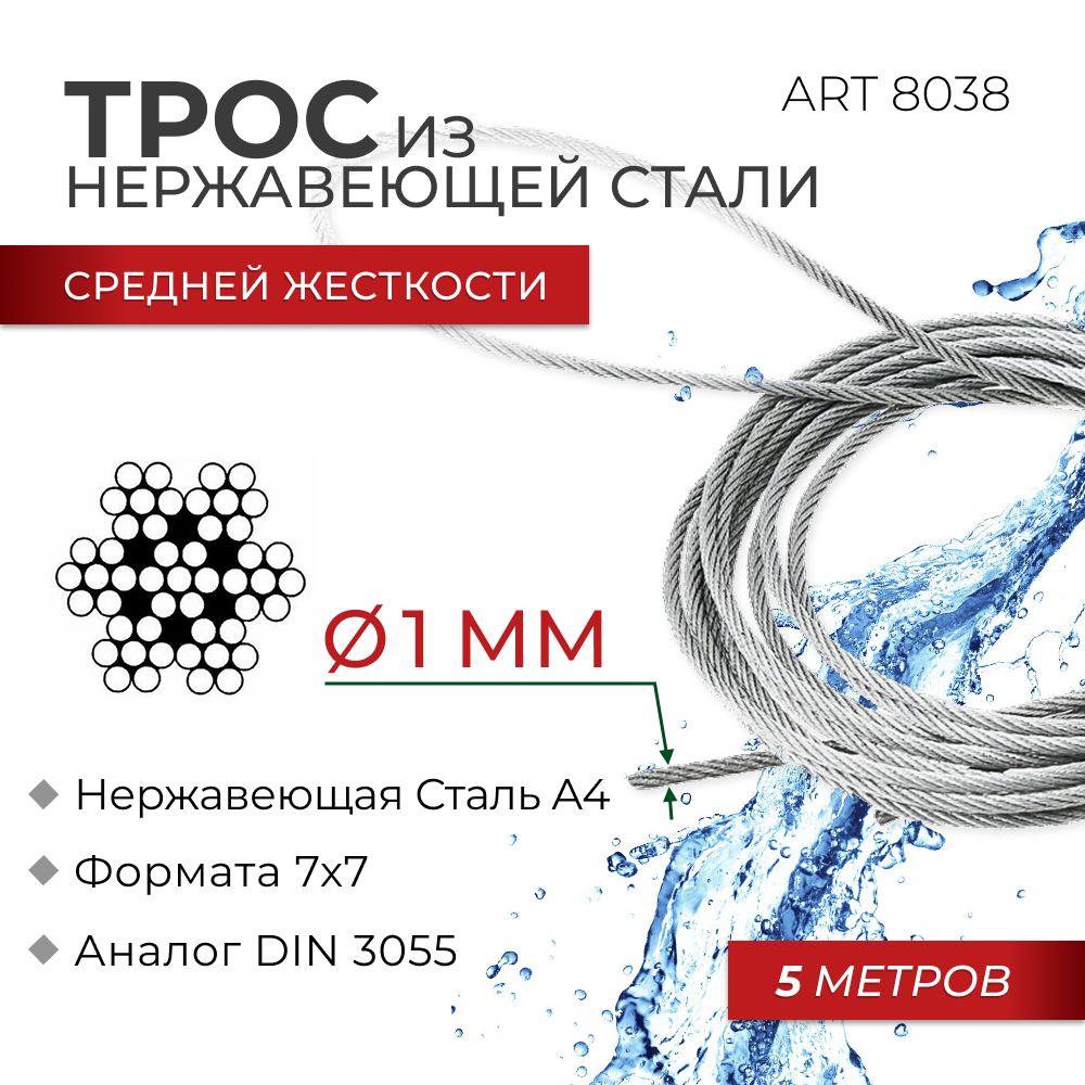 Трос сред.жёст. диаметр 1 мм 7х7 нерж.сталь А4 ART 8038 фасовка 5 м ...