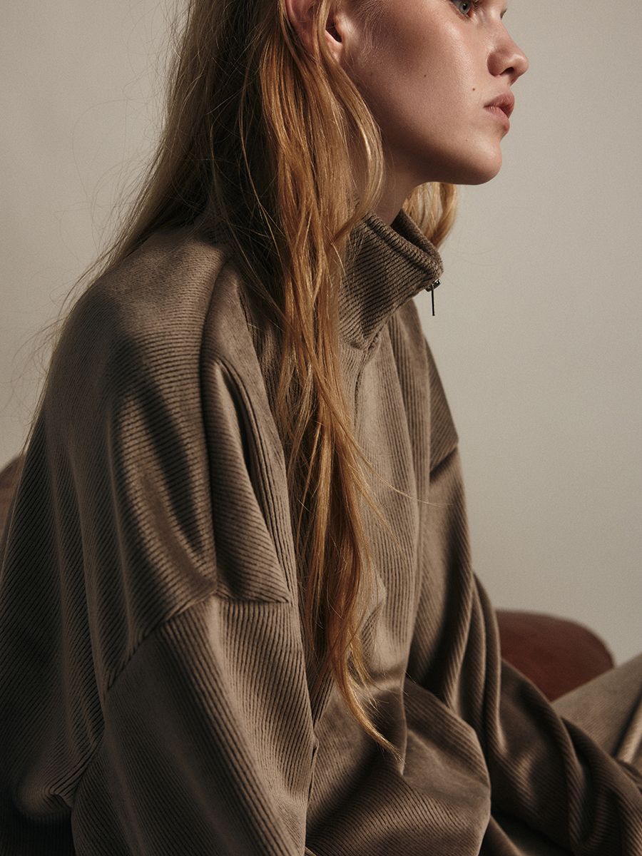 Свитшот Женский Befree бежевый Молния Вельвет, размер 50 оверсайз Длинный Однотонный Китай ...