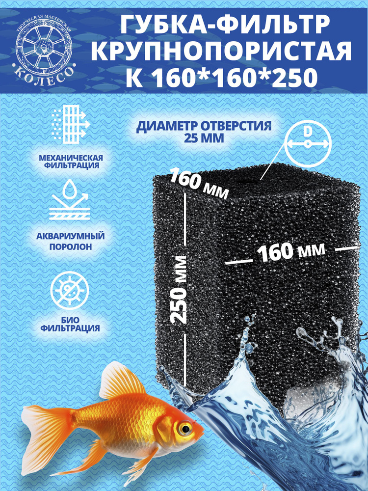 Губка для фильтра в аквариум, крупнопористая, 160Х160Х250 мм ...