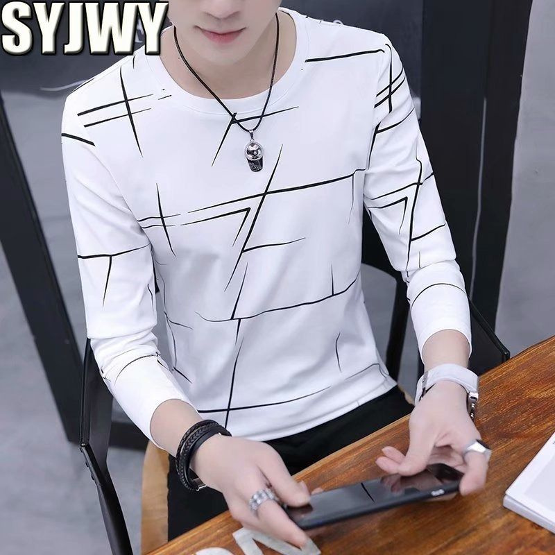 Лонгслив Мужской SYJWY белый Длинный, размер 50 Полиэфирное волокно облегающий Полоска ...