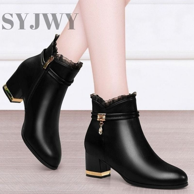 Сапоги Женский SYJWY полусапоги, размер 38 черный нюд Зима Толстый каблук Кристаллы Молния ...