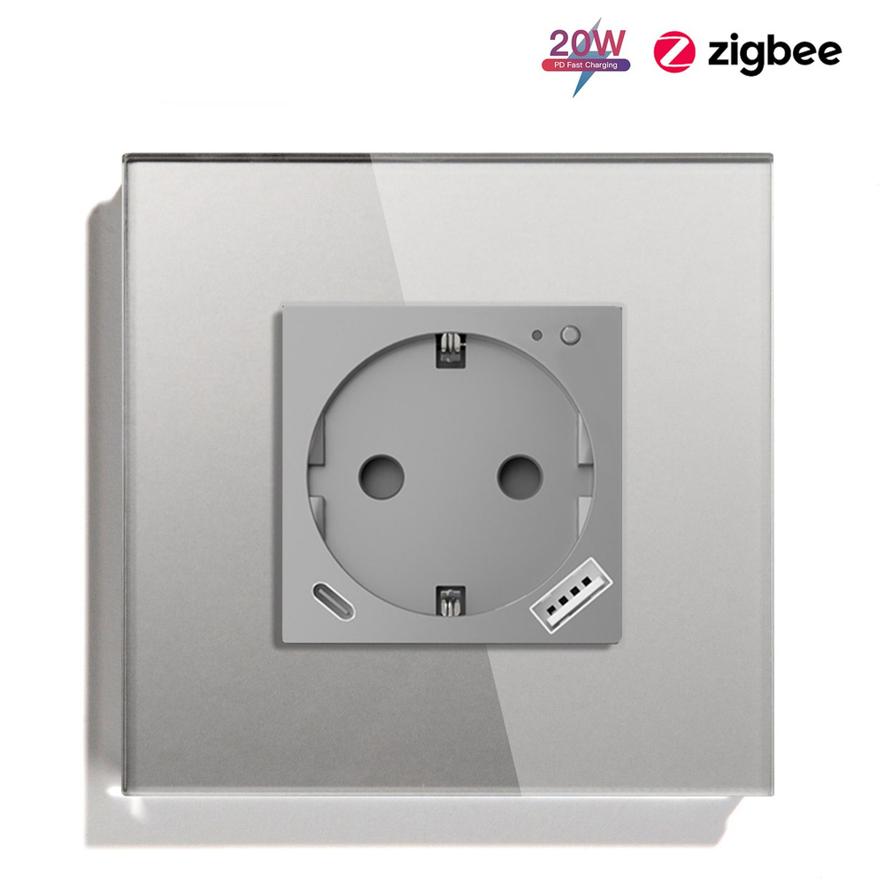 Розетка Умная Zigbee одинарная с USB и type-C входами, быстрая зарядка 20W, мониторинг ...