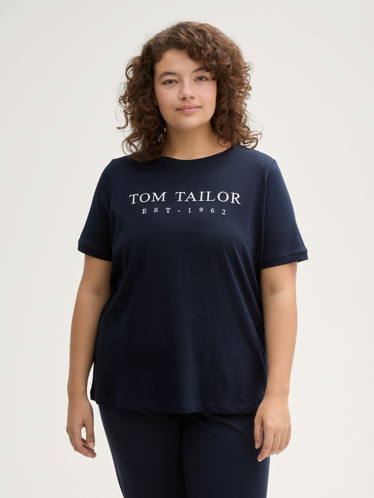 Футболка Женский Tom Tailor пастельный темно-синий Короткий, размер 60 Хлопок Логотип прямой ...