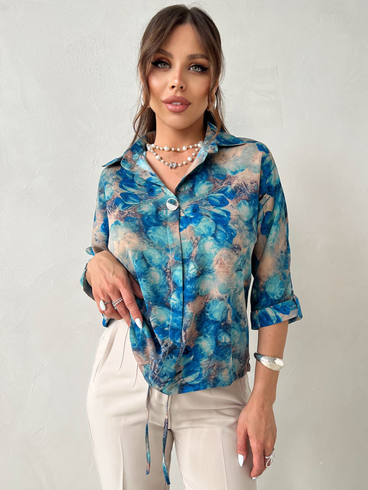 Блузка Женский HELLO MODA! бежевый, морской Полиэстер Три четверти Цветочный, размер 48 Шнурок ...