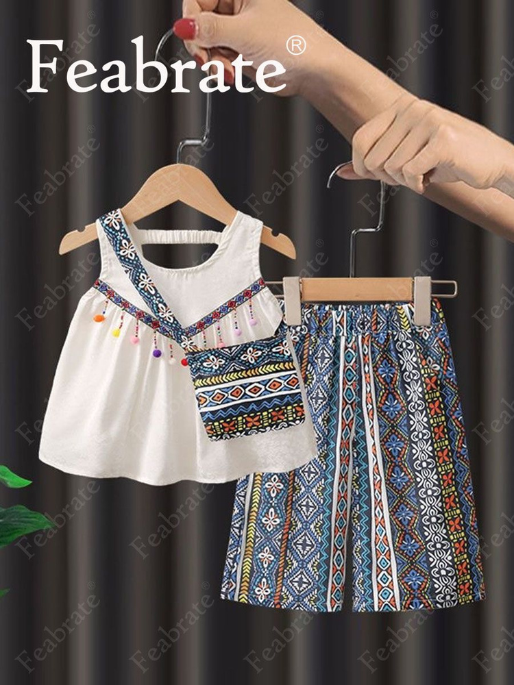 Комплект одежды Девочки Feabrate Повседневный брючный синий, размер 100 Тай-дай Аппликация Китай ...