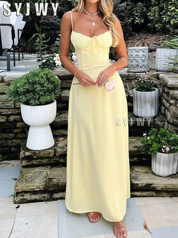 Платье Женский SYJYW сливочная помадка, канареечный Без рукавов Политекс, размер 50 пляжное ...