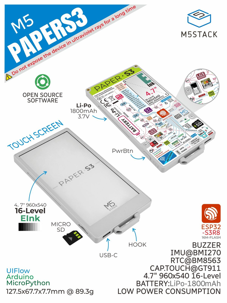 M5Stack PaperS3 - плата для разработки ESP32S3 с сенсорным экраном на электронных чернилах с ...