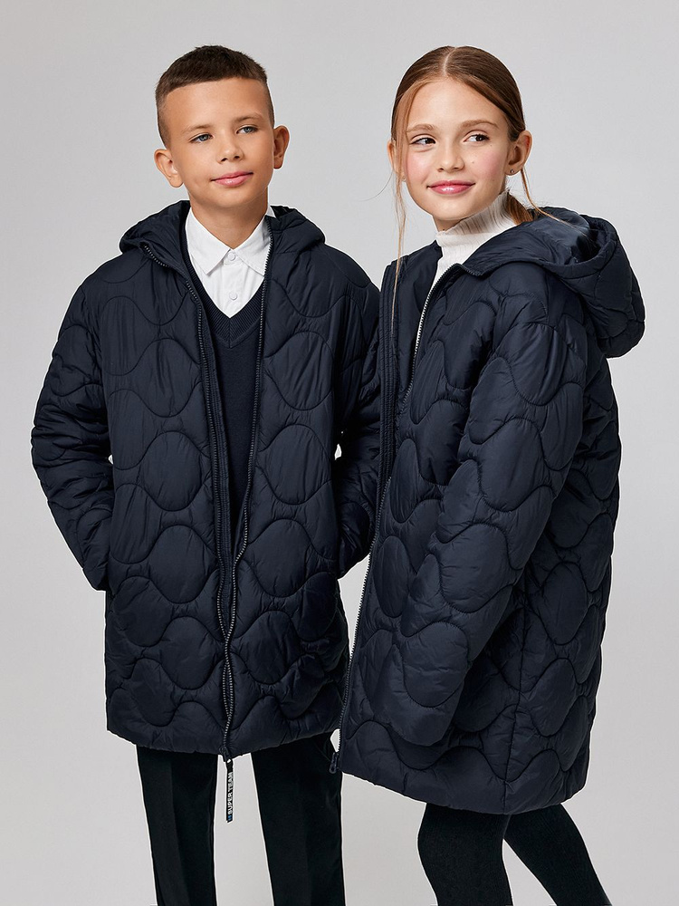 Пальто Девочки, Мальчики Acoola Карманы, Молния темно-синий капюшон Текстиль, Синтепон Длинный ...