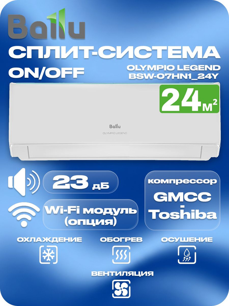 Сплит система настенная BALLU Olympio Legend BSW-07HN1_24Y белая, комплект, до 24 кв/м, On/Off ...