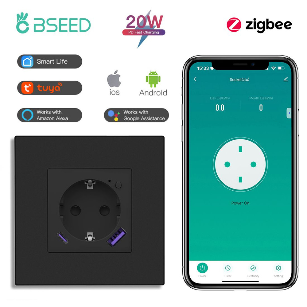 Розетка Zigbee с USB и Type-C 20W быстрой зарядкой, с мониторинг потребления , управление с ...