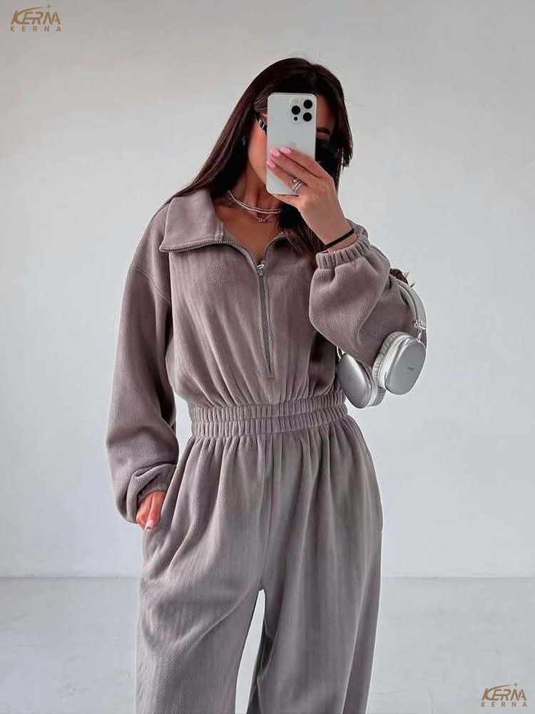 Комплект одежды Женский KERNA Повседневный брючный светло-серый, размер 42 Лавсан Однотонный ...