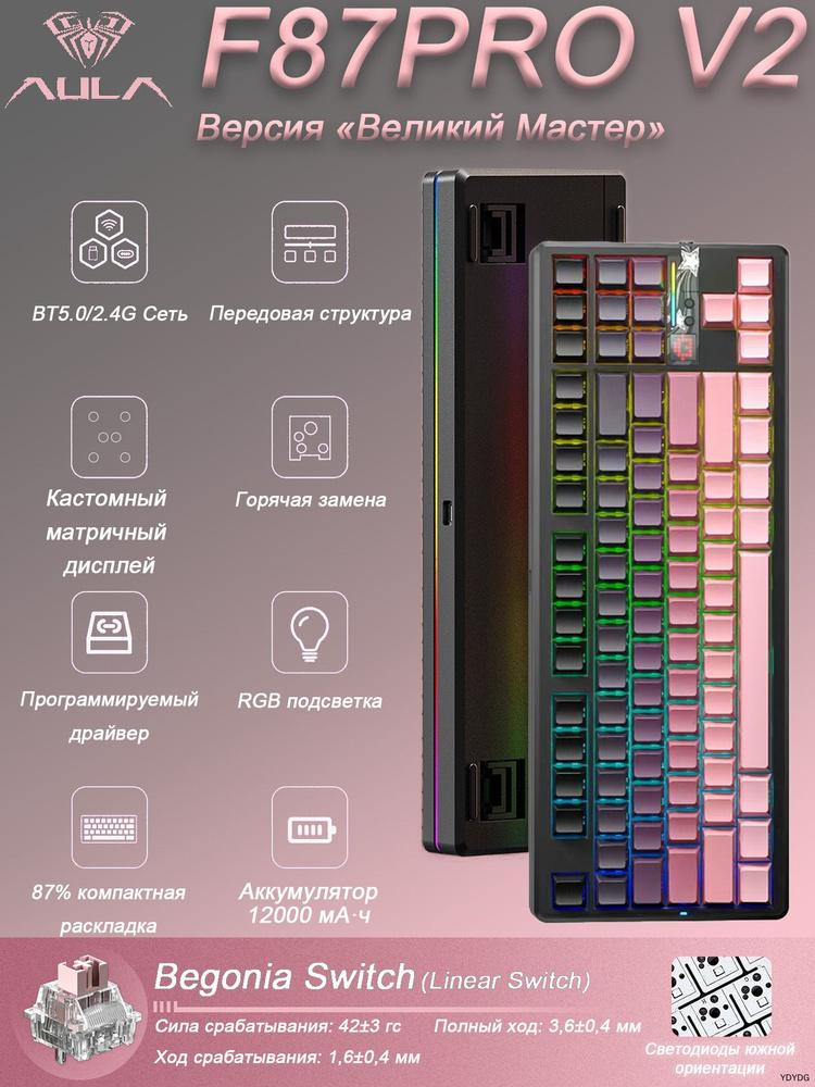 Игровая клавиатура беспроводная AULA F87 PRO V2 механическая клавиатура, 87% беспроводная ...