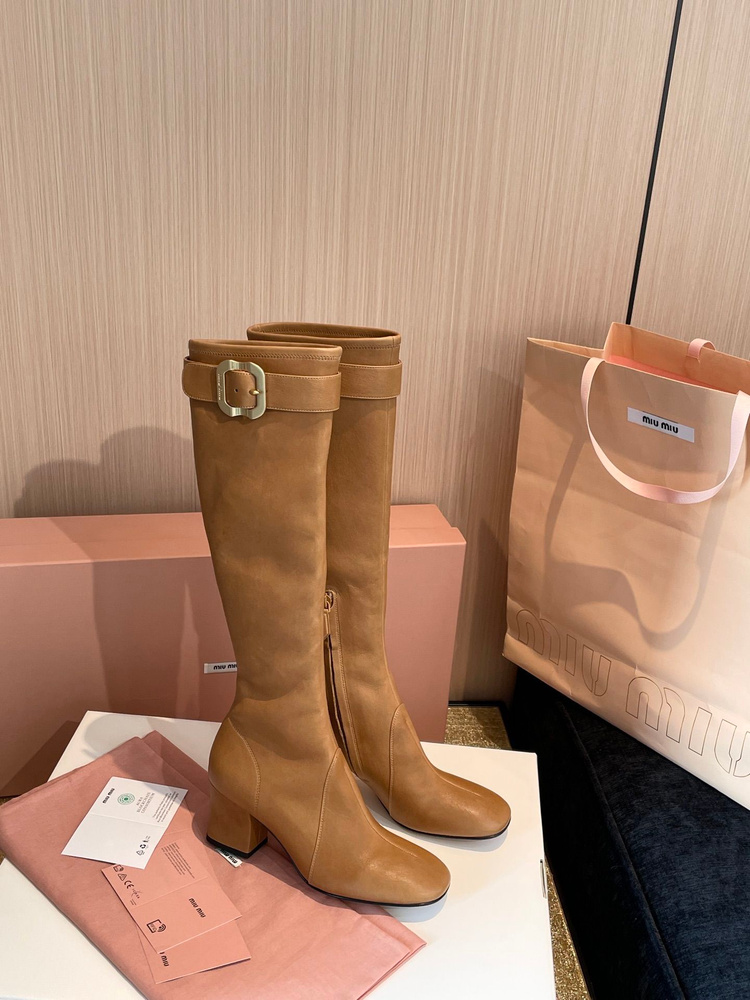 Сапоги Женский Miu Miu ботфорты, размер 39 коричневый Зима D Толстый каблук Бахрома Молния ...