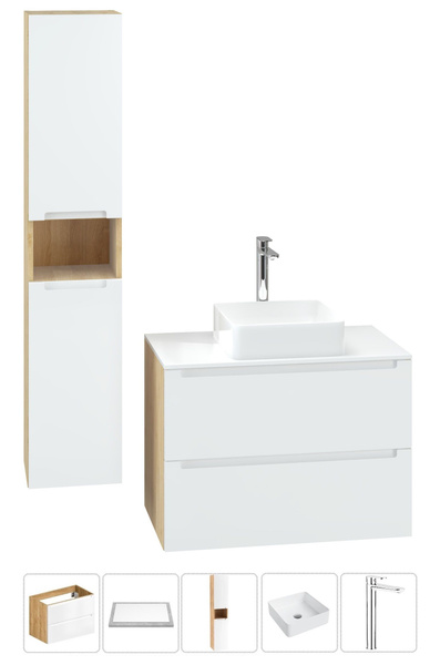 Комплект 5 в 1: подвесная тумба ЗОВ 80 см с раковиной Helmken 37 см, шкаф-пенал универсальный ...