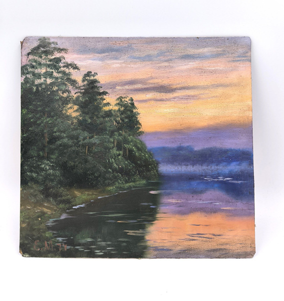 Картина винтажная Закат на берегу название условное, подпись С.М., картон, масло, СССР, 1977 г ...