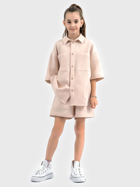 Комплект одежды Девочки Valini Повседневный с шортами розовая пудра, розовый, размер 134 Муслин ...