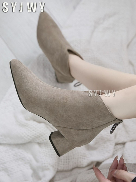 Сапоги Женский SYJWY полусапоги, размер 37 средне-серый На любой сезон Толстый каблук Молния ...