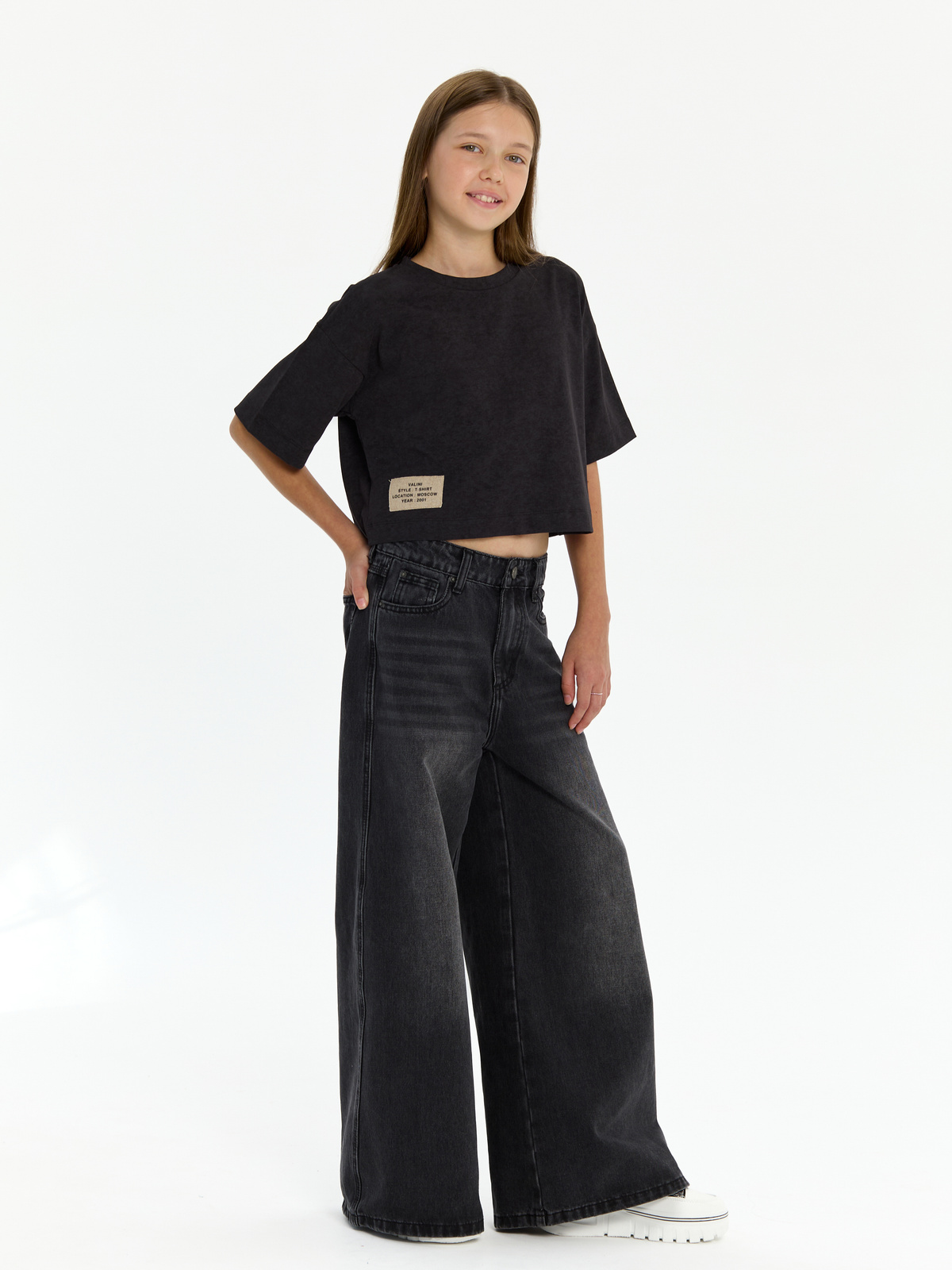 Джинсы Девочки Valini черный, черный графит широкие Вискоза, Джинс, размер 164 оверсайз Молния ...