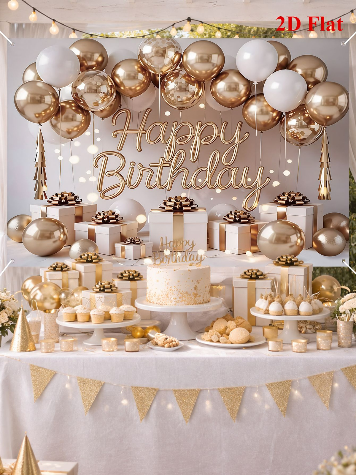 Фотозадник на день рождения "Happy Birthday" Золотой и белый Размер 150 ...