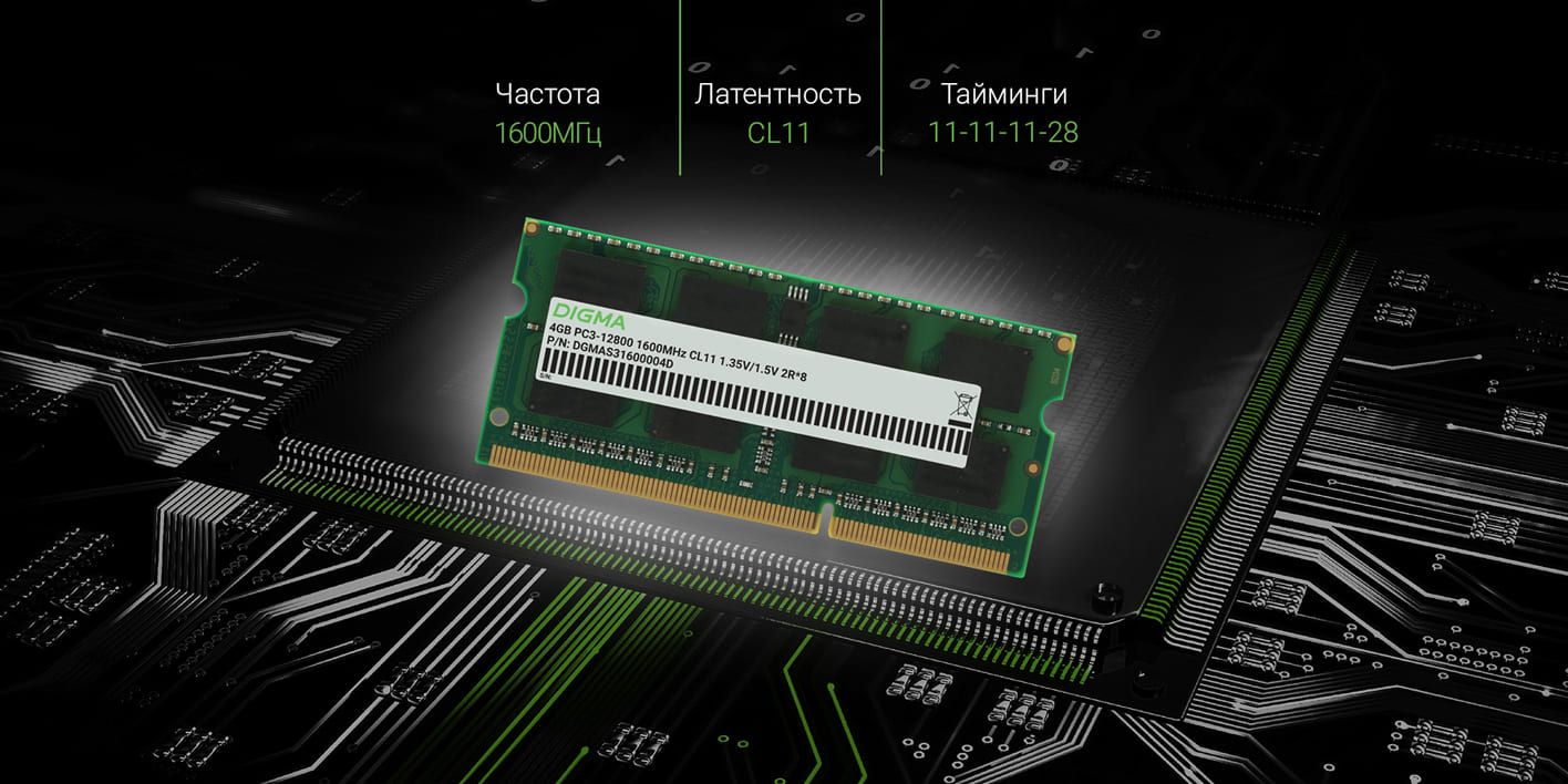 Модуль оперативной памяти Digma SO-DIMM 204-pin 1.5В, RTL PC3-12800 ...