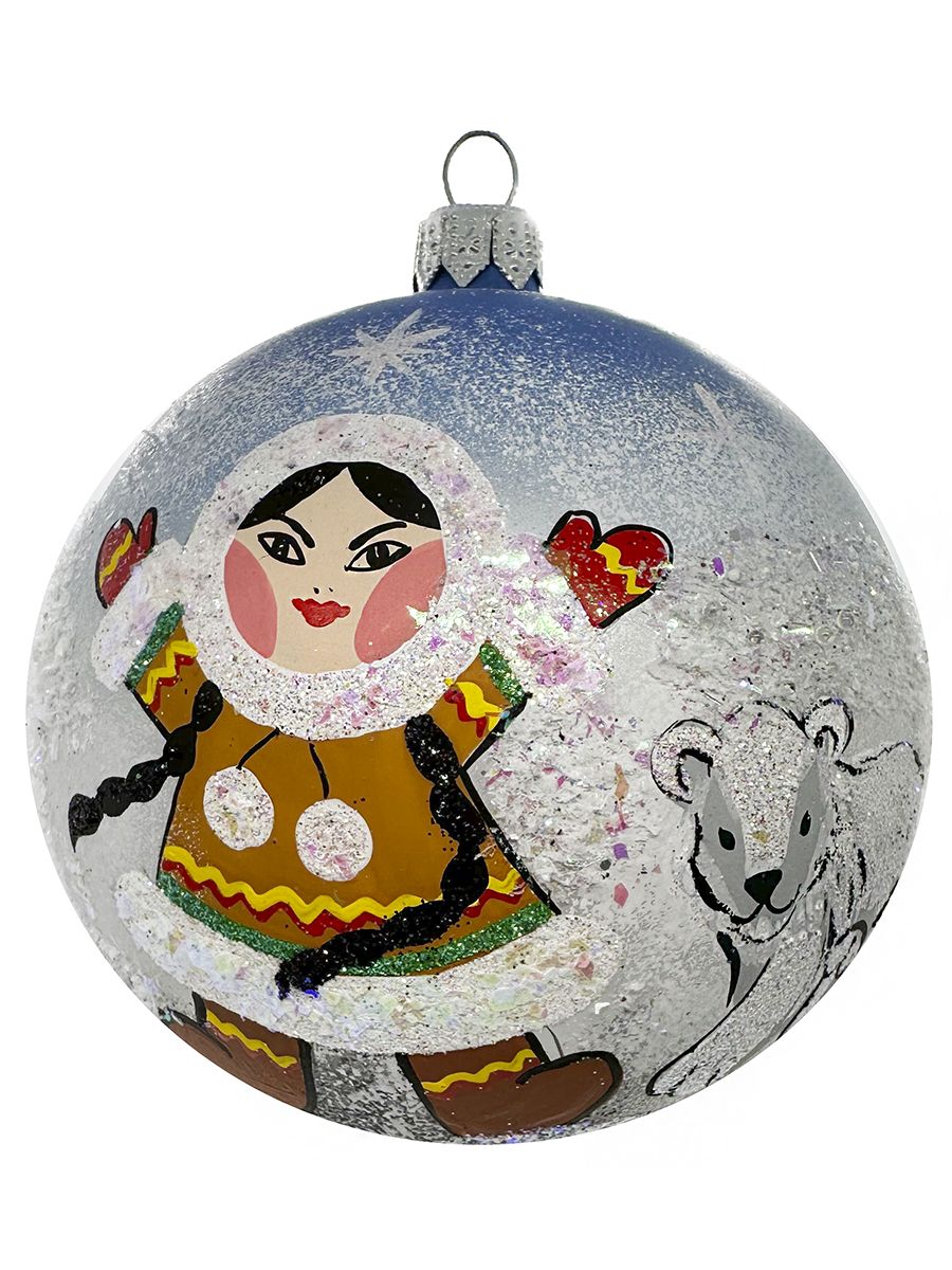 Шар на елку стеклянный БИРЮСИНКА Северянка Сине-белый в подарочной ...