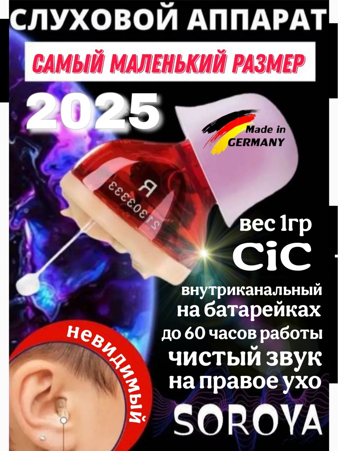 слуховой аппарат cic на правое ухо внутриканальный на батарейках ...