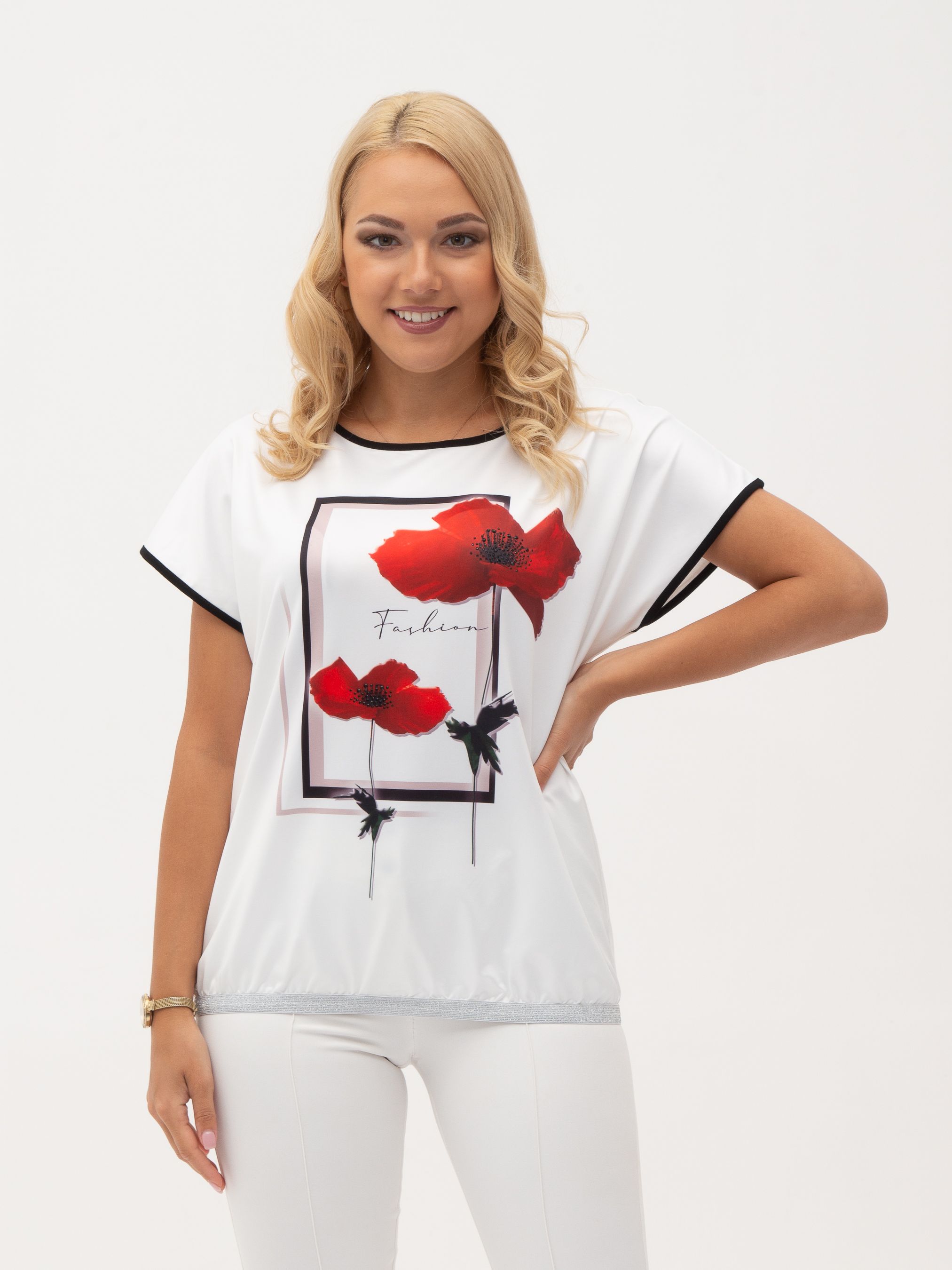Блузка ARTT Store Орхидея, маки, колибри, женская, белая, из хлопка ...