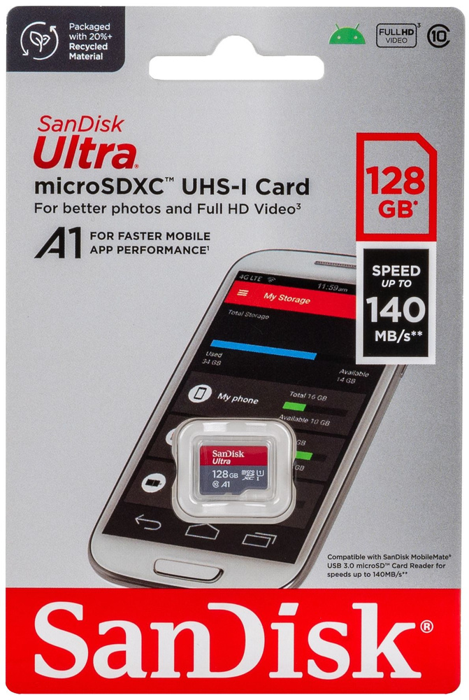 Карта памяти SanDisk microSDXC 128 ГБ Ultra Class 10 UHS-I A1, 140 Мб/с - купить с доставкой по ...