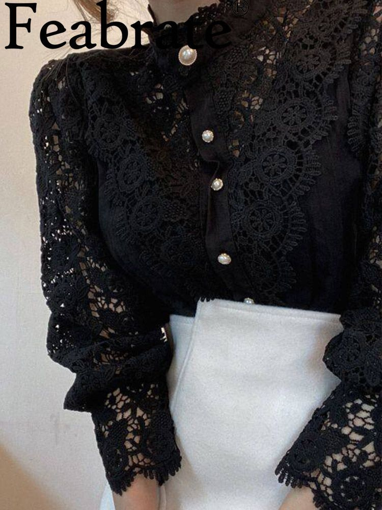 Блузка Женский Feabrate черный Кружево Вышивка Длинный Аргайл, размер 42 облегающий ...
