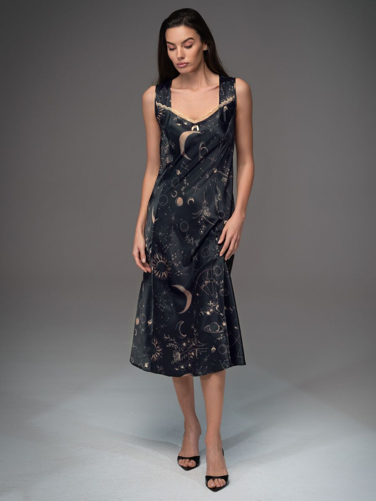 Ночная сорочка Женский Mia-Amore с сорочкой Натуральный шелк, размер 60 Космос глубокий черный ...