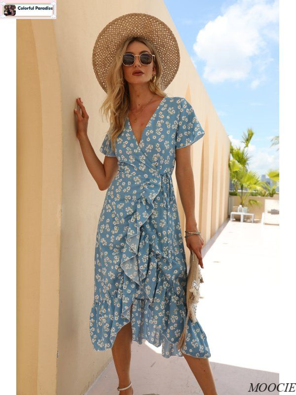 Платье Женский MOOCIE васильковый Пляжный Короткий Шифон Рюши, размер 48 купить c доставкой на ...